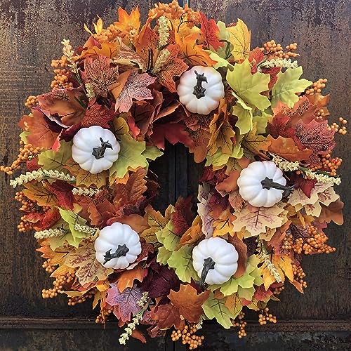 Easy Fine Fall Wreaths for Front Door 24 Inch,Farmhouse Fall Door Wreath Large,Halloween Wreath,Thanksgiving Decorations,Autumn Wreath,Fall Decor with Fall Leaves White Pumpkins Outdoor Outside