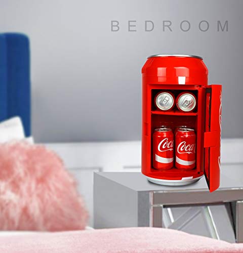 Coca-Cola 8 Can Portable Mini Fridge w/ 12V DC and 110V AC Cords, 5.4L (5.7 qt) Can Shaped Personal Cooler, Red, Travel Fridge for Drinks, Snacks, Lunch, Home, Office, Dorm Room, RV
