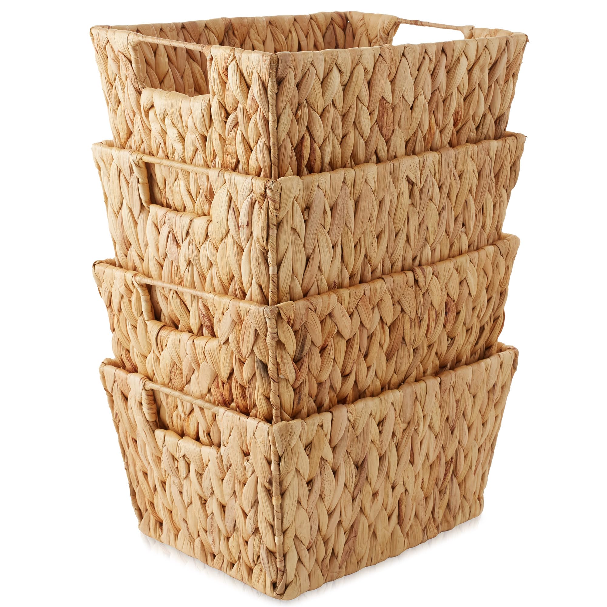 Casafield Set of 4 Water Hyacinth Storage Baskets with Handles - Natural, Woven Rectangular Storage Bins for Shelves, Blankets, Laundry Organization