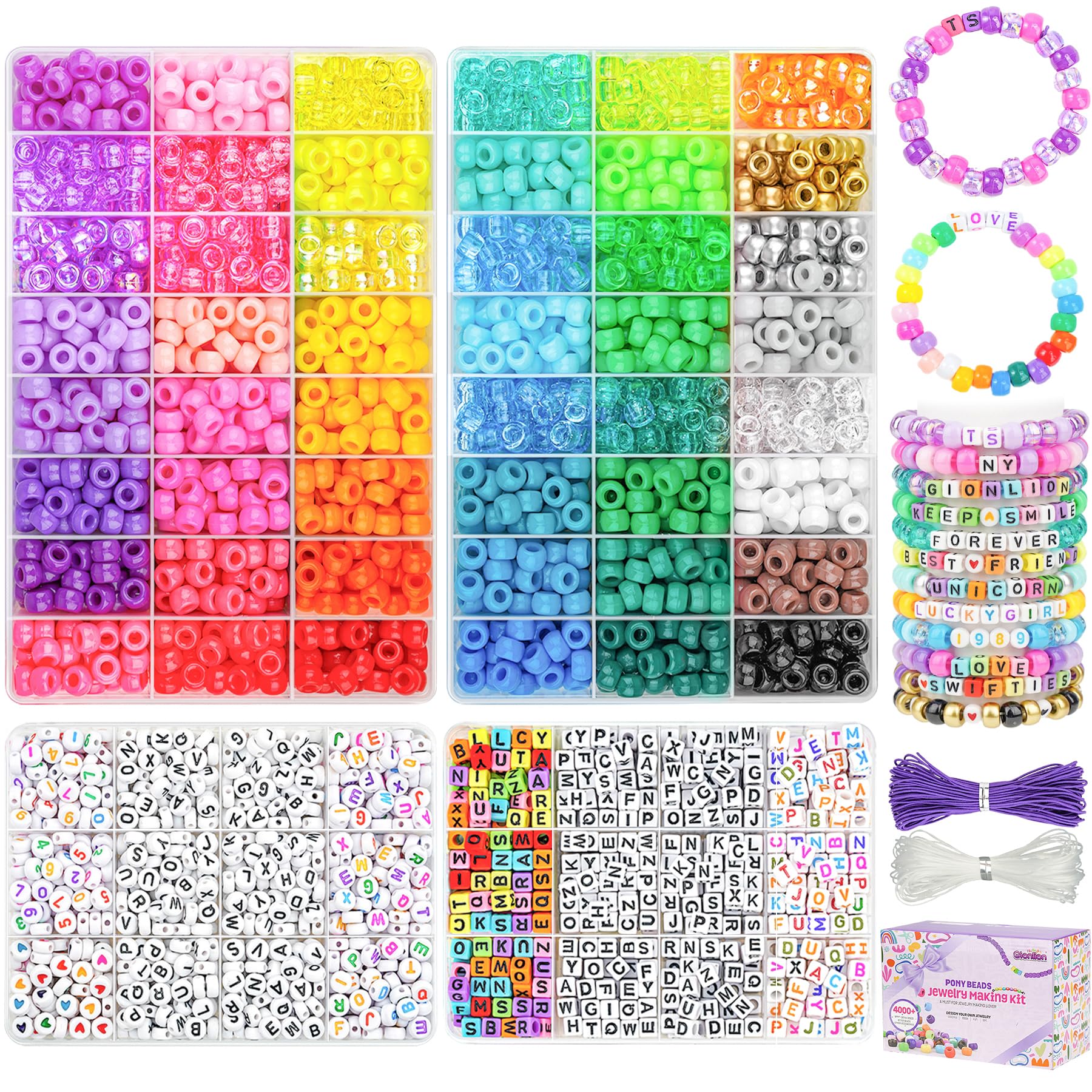 Gionlion 4200Pcs Pony Beads for Bracelet Making Kit, 48 Colors Christmas Bracelet Making Kit, 2500pcs Rainbow Kandi, 1700pcs Friendship Letter Beads with 20 Meter Elastic Strings for Jewelry Making