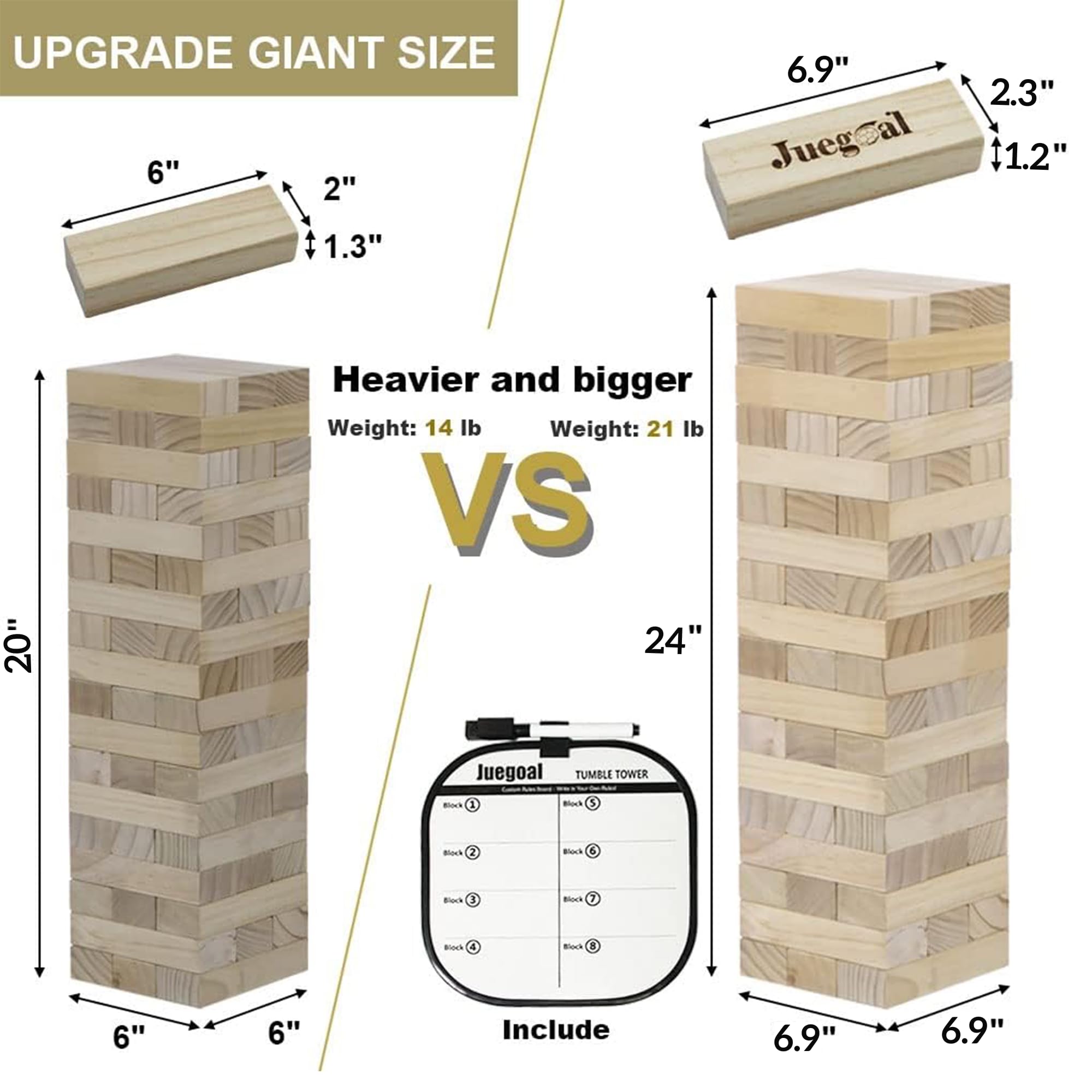 Juegoal 54 Piece Giant Tumble Tower, Wooden Block Game with Gameboard, Canvas Bag for Outdoor Yard Playing,6.9 x 6.9 x 24 Inches