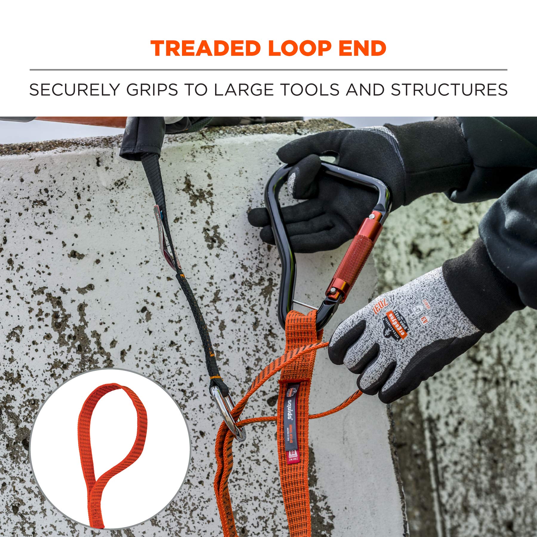 Ergodyne Squids 3148 Heavy Duty Tool Lanyard, Carabiner and Loop End, Tool Weight Capacity 80lbs, Orange