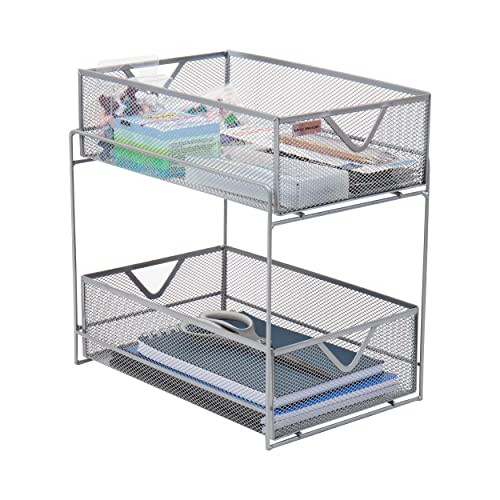 Mind Reader 2 Tier Metal Mesh Storage Baskets Organizer, Home, Office, Kitchen, Bathroom, Silver