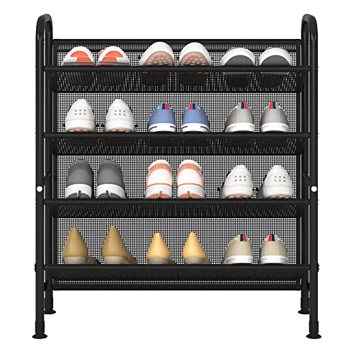 FKUO 4 Tier Shoe rack for closet Mesh fabric narrow Metal shoe racks, Space saving Small Shoe Storage Organizer Shelf for Entryway, Hallway, Dorm Room (Black, 4-Tier)