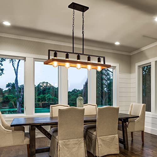 Fivess Lighting 5-Light Rustic Wood Kitchen Island Lighting,Oak Wood and Metal Linear Chandelier,Retro Industrial Pendant Light Fixture for Kitchen Island Dining Room Farmhouse,Black