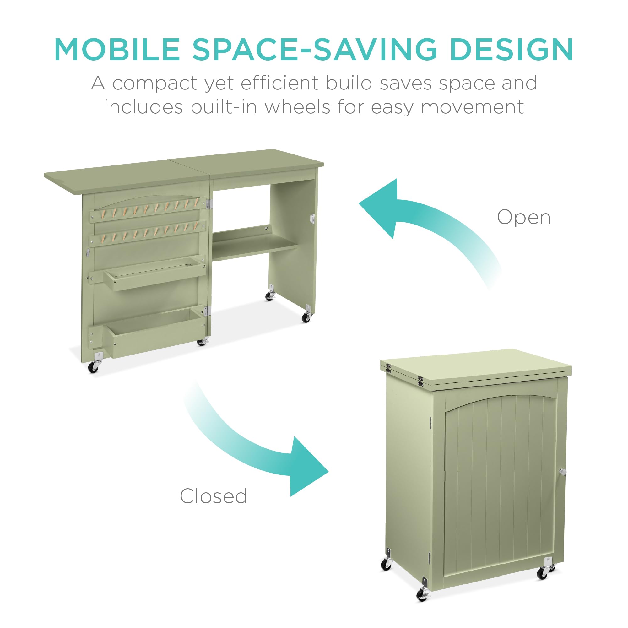 Best Choice Products Folding Sewing Table Multipurpose Craft Station & Side Desk with Compact Design, Wheels, Shelves, Storage Trays, Pegs, Magnetic Doors, Metal Doorknobs - Light Green