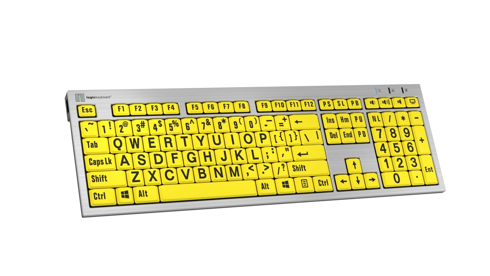 Logickeyboard 'Slimline' with Large Print • Black Letters on Yellow Keys • Made for Windows PC • Including LogicLight Lamp • p/n LKBU-LPRNTBY-AJPU-US