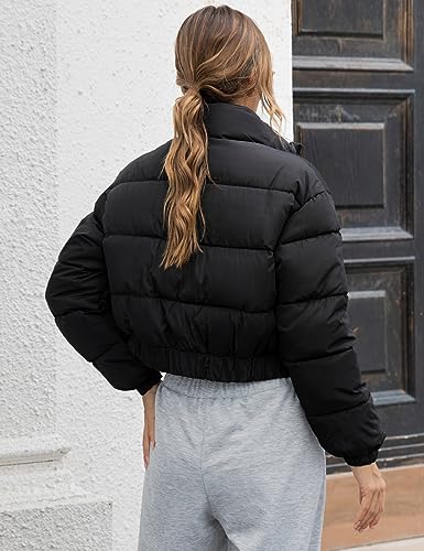 Gihuo Womens Cropped Quilted Puffer Jacket Lightweight Padded Coat Warm Puffy Coat Zip UP Bubble Coats with Pockets(Black-S)