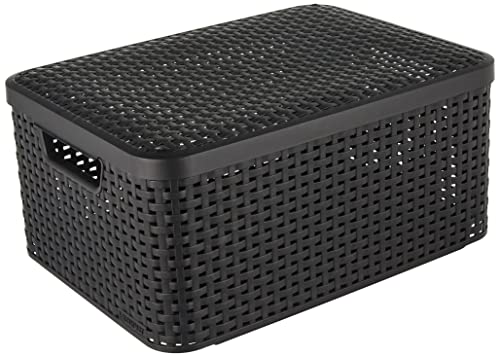 Curver Rattan Style Basket with Lid, Grey, Medium