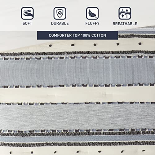 Hyde Lane Boho Blue King Comforter Set ,Modern Farmhouse Tufted Bedding Sets, Cotton Top with Neutral Rustic Style Clipped Jacquard Stripes, 3-Pieces Including Matching Pillow Shams (104x90 Inches)