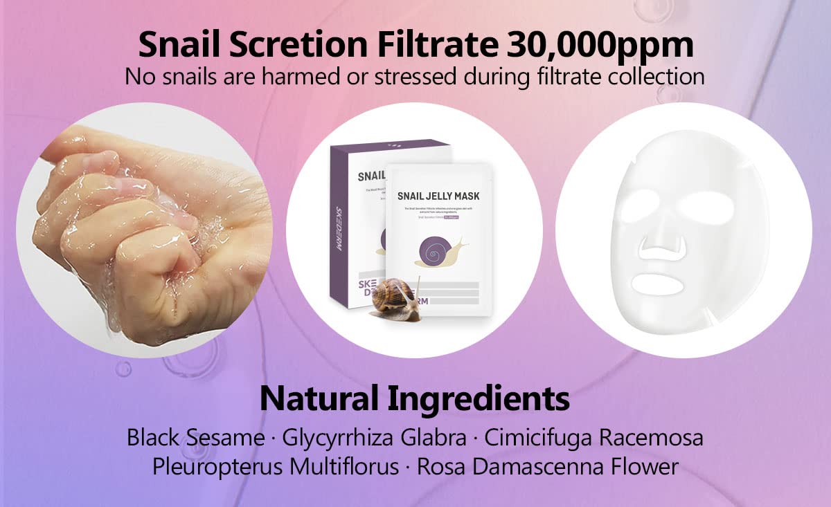 SKEDERM Korean Face Mask Snail Jelly Sheet Mask 10 Sheets Hydrating Sheet Mask Anti-Wrinkle Korean Skin Care Anti-Aging Sheets Pack Moisturizing Snail Secretion Filtrate 30,000ppm