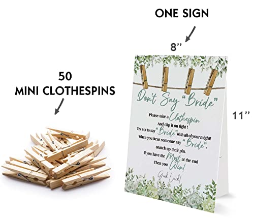 Don't Say Bride Sign,Bride Shower Clothespin Game,Includes a 8x11 Standing Sign and 50 Mini Natural Clothespins - BIG005
