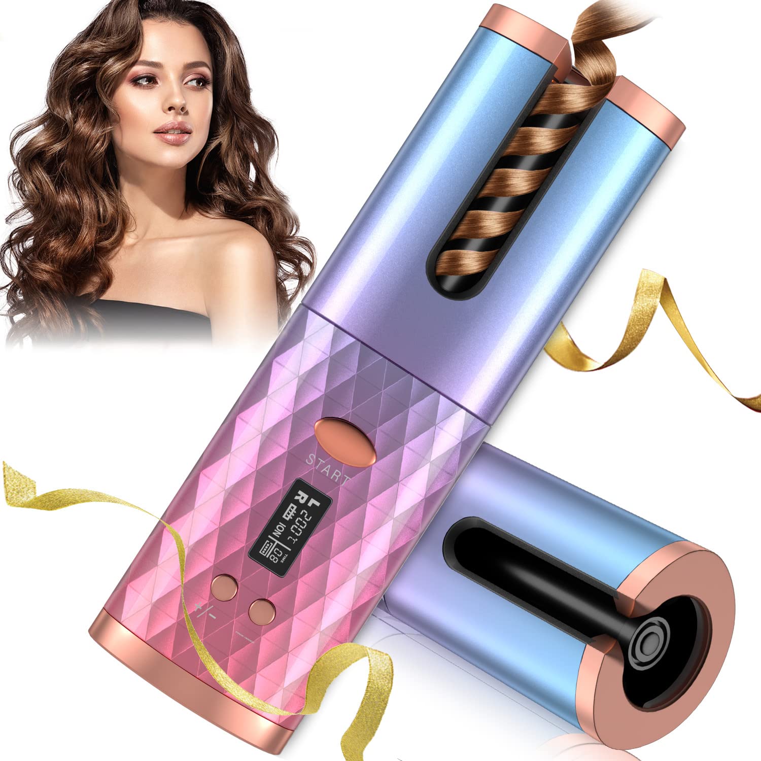 Automatic Curling Iron, Cordless Hair Curler with Adjustable Temperatures & Timers, Portable Auto Rotating Hair Curlers Wave Curling Wand, Rechargeable Ceramic Electric Hair Styling Tool