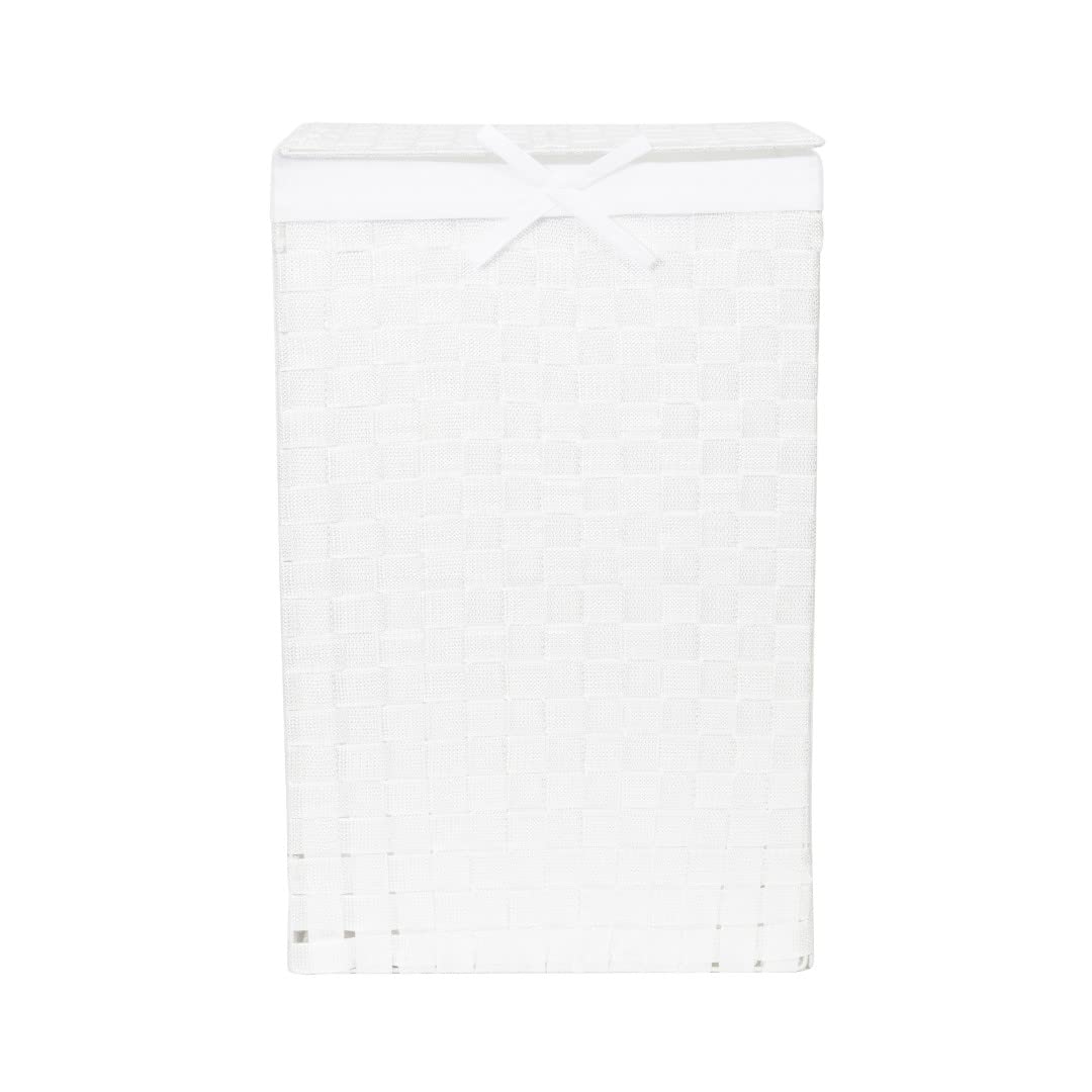 Compactor Rectangle Laundry Basket with Lid, Woven Washing Hamper for Storing Clothes and Linen in Bedrooms and Bathrooms, Removable Liner and Carry Handles, White, Stan Range