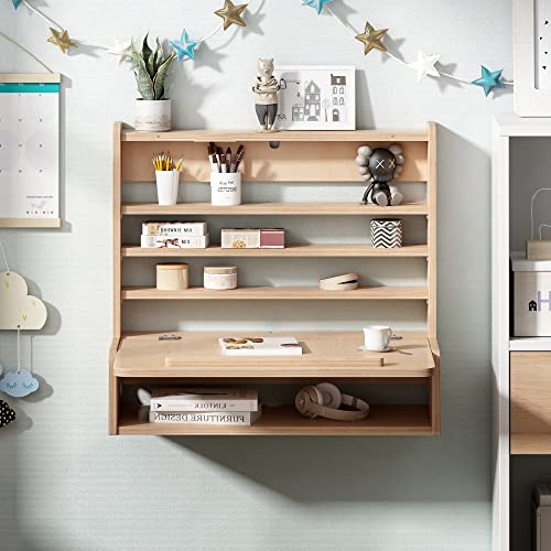 Foldable Wall Desk,Wooden Wall Computer Desk with Adjustable Shelves, Wall Mounted Folding Table with Storage for Small Spaces, Space Saving Floating Corner Desk, Wall Table(White)