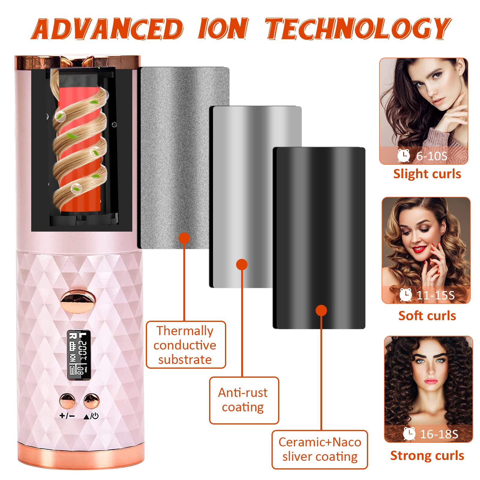 Automatic Curling Iron Cordless Automatic Hair Curler with Adjustable 4Temperature & 3Timer,Portable Rechargeable Hair Curler with Ceramic Ionic Barrel,Auto Shut-Off, Fast Heating Iron for Styling