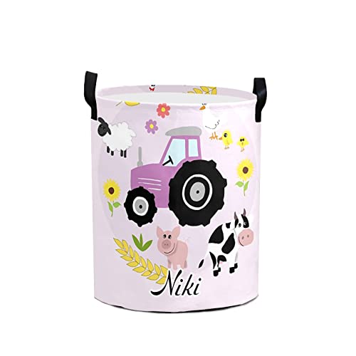 Cute Pink Farm Animals Tractor Laundry Basket Personalized with Name Laundry Hamper with Handle Organizer Storage Bin Bedroom Decor for Boys Girls Adults