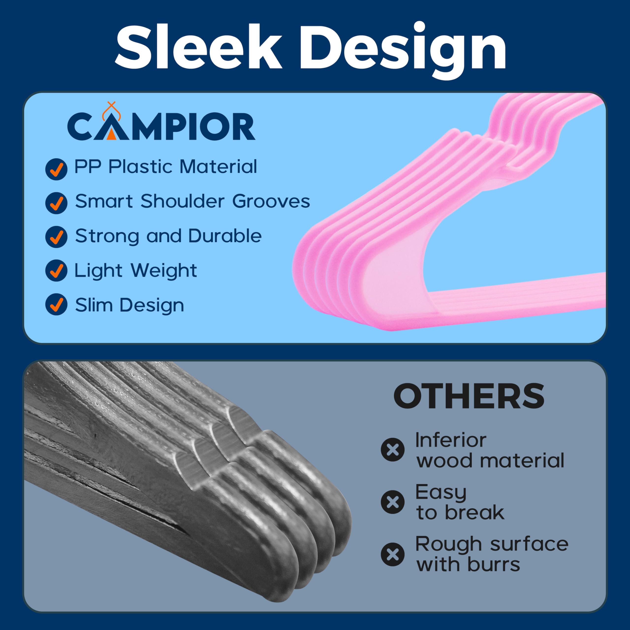 Campior Premium Clothes Hangers β Space-Saving Slim Design, Lightweight and Durable Plastic with Smart Shoulder Grooves, Versatile Usage for Organizing Laundry, Coats, and Clothes, Pink, Pack of 50
