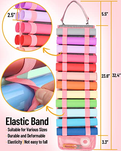 FINESUN Vinyl Roll Holder, Criсut Accessories, Vinyl Storage with Visible Pocket, Vinyl Holder with 24 Elastic Compartments, Vinyl Organizer for Cricut Tools, Gift Wrap Organizer, Pink& Grey (Pink)