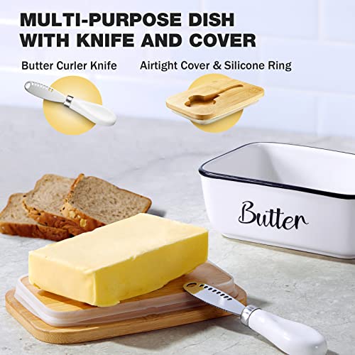Ceramic Butter Dish with Lid and Knife, Gencywe Large Butter Container Keeper Storage, Airtight Silicone Butter Holder, Kitchen Butter Dish with Lid for Countertop, White, Microwave Dishwasher Safe