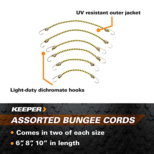 Keeper - Mini Bungee Cords in Multiple Sizes, 6 Pack - 6", 8", and 10”