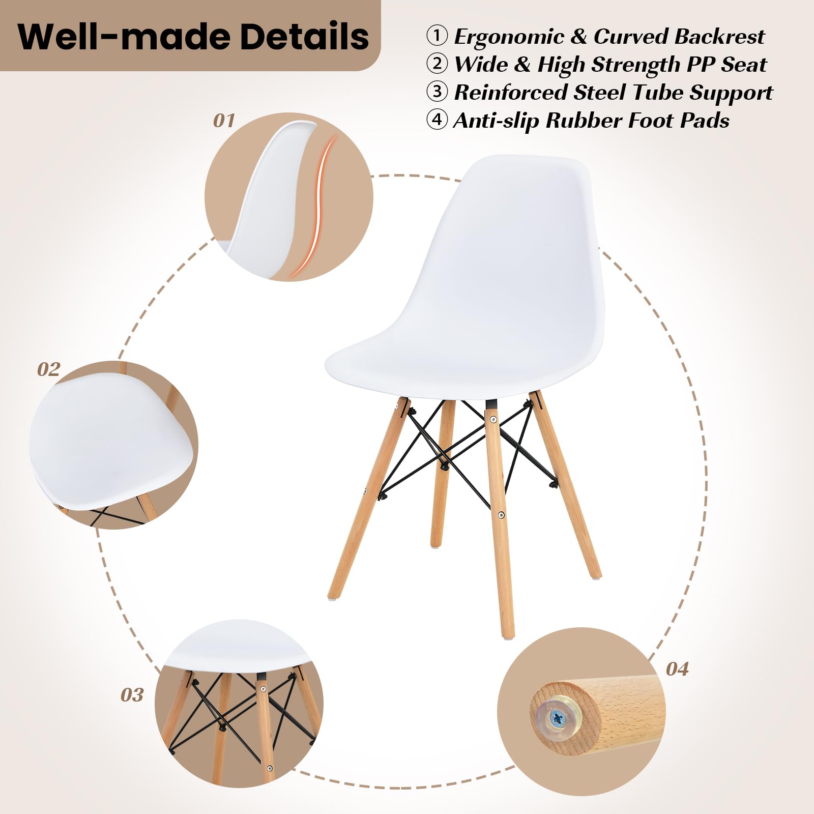 LDAILY Moccha Dining Table Set for 4, 5-Piece Kitchen Table Set with Round Dining Table & 4 Chairs, Breakfast Set with Solid Wood Legs, Modern Space-Saving Dinette Set for Dining Room, Kitchen, White