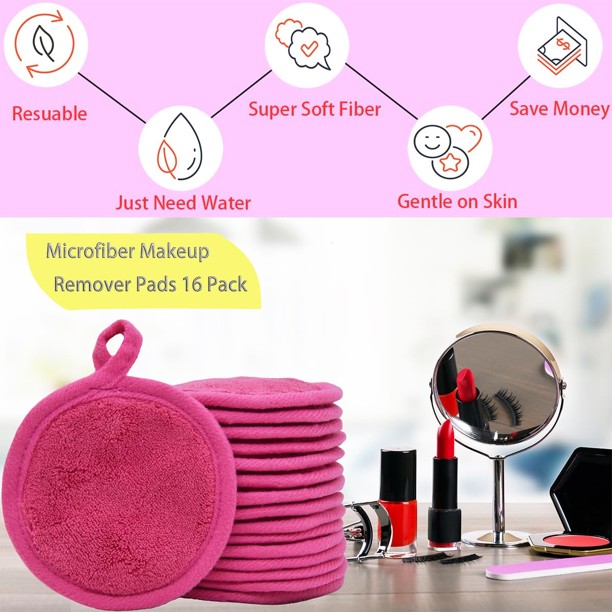 BloomSesame Reusable Makeup Remover Pads 16 Pack Microfiber Cleansing Facial Rounds Wipes Face, Eyes, Lips(3.5inch, grey)