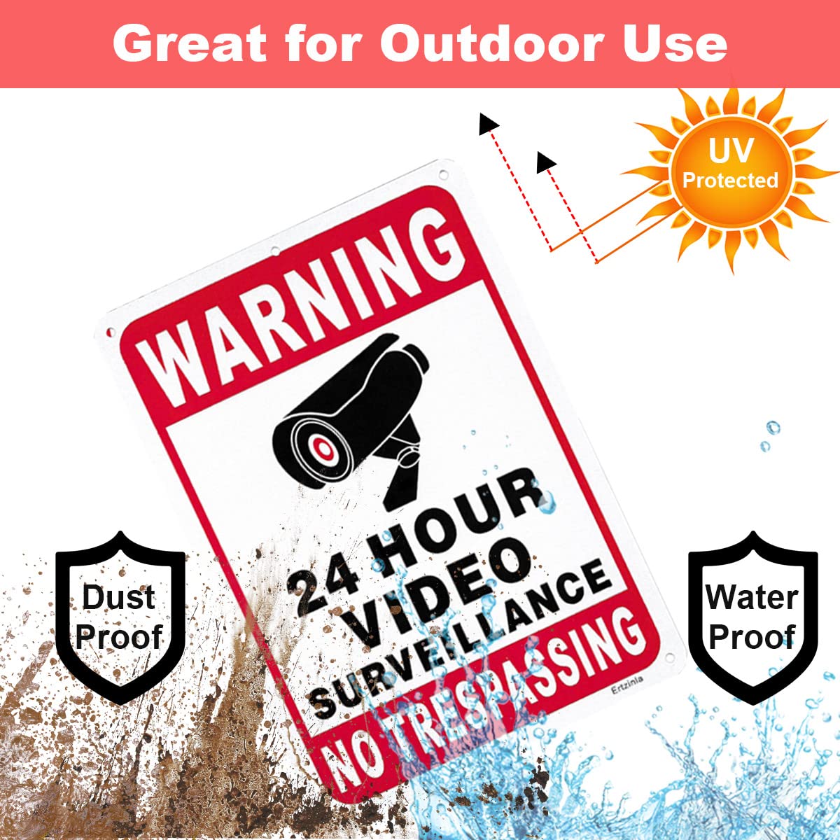 Ertzinla 2 Pack 24 Hour Video Surveillance Sign, No Trespassing Warning Sign, Aluminum 10 x 7 inch Security Camera sign for home Business Driveway Alert CCTV, Reflective, UV Protected…