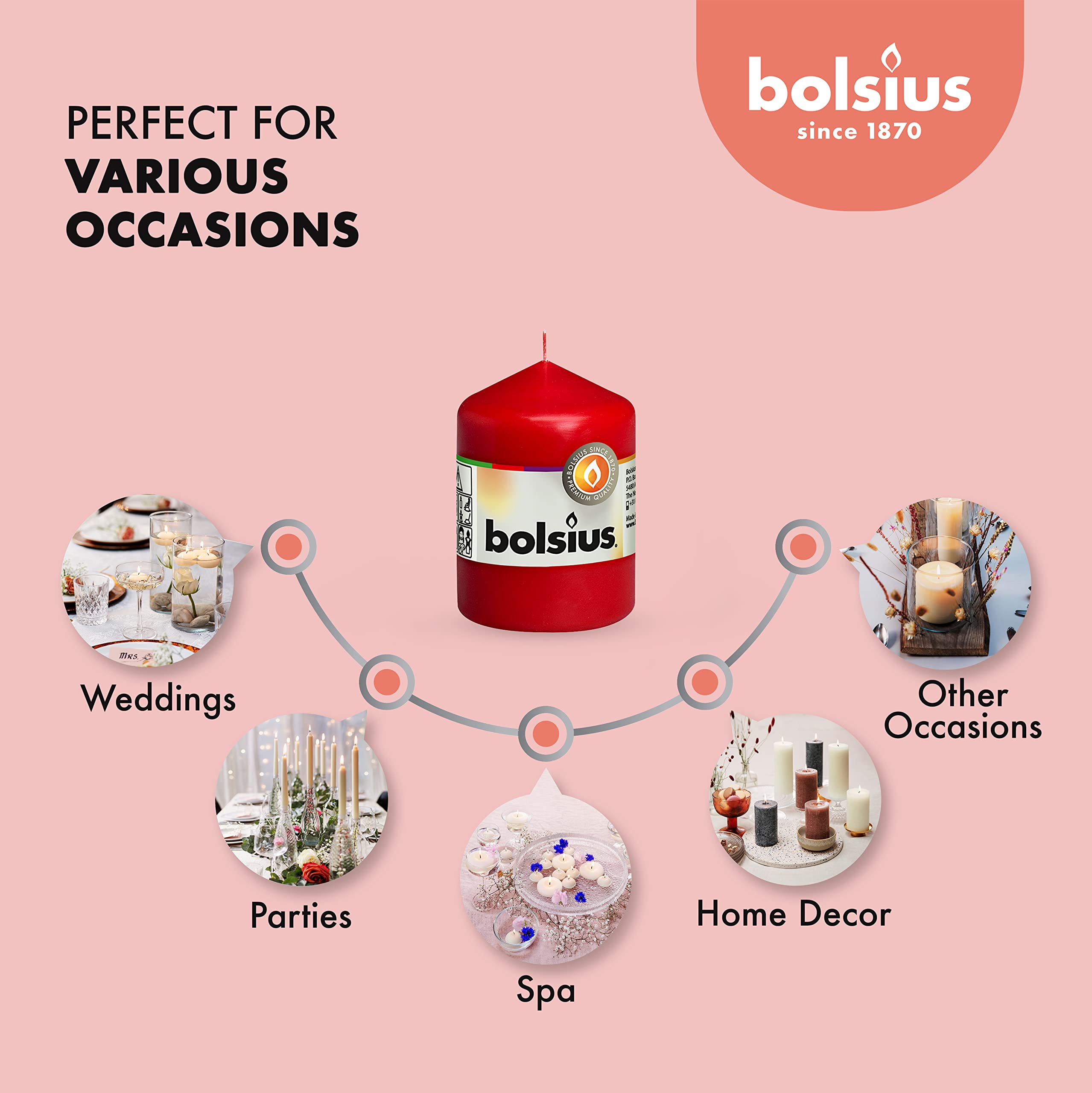 BOLSIUS 10 Red Pillar Candles - 2.25 x 6 Inches - Premium European Quality - Individually Wrapped - 42 Hours Burn Time - Dripless Smokeless Unscented Dinner, Wedding, Party, & Restaurant Candles