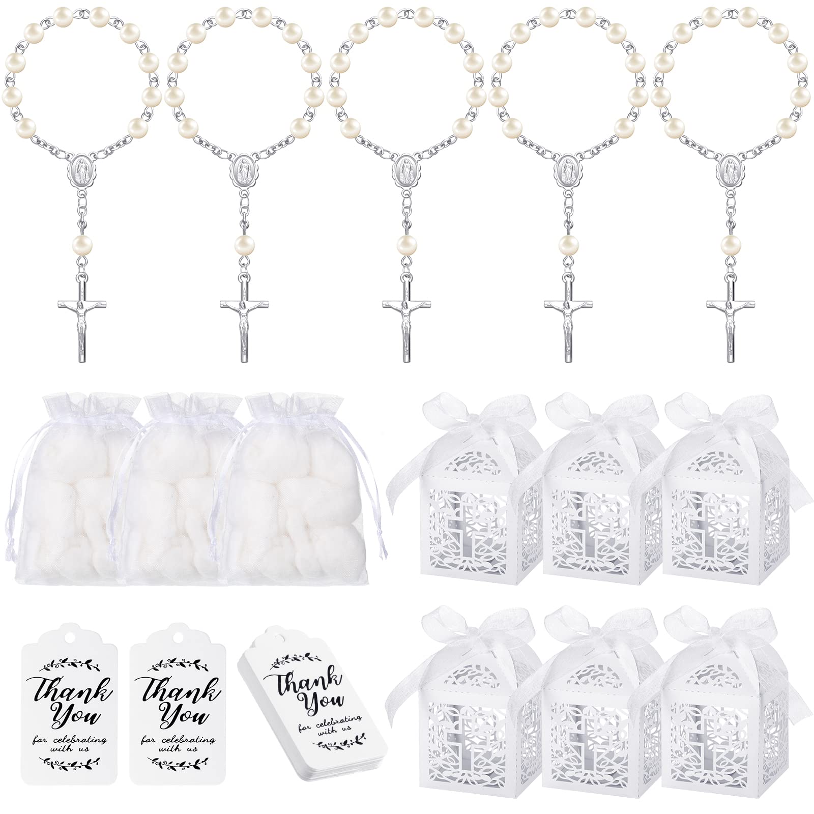 MTLEE 100 Pieces Baptism Favors Set Includes 25 Mini Rosary Baptism Favors 25 Baptism Favor Boxes 25 White Organza Bags with Drawstring 25 Thank Tags for Baby Shower Christian Gifts (Silver)