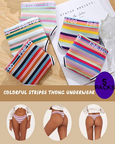 FINETOO Cotton Thongs for Women Sexy Soft Breathable Thong Underwear Low Rise Colorful Stripes Hipster Panties 5 PacK(5AM)