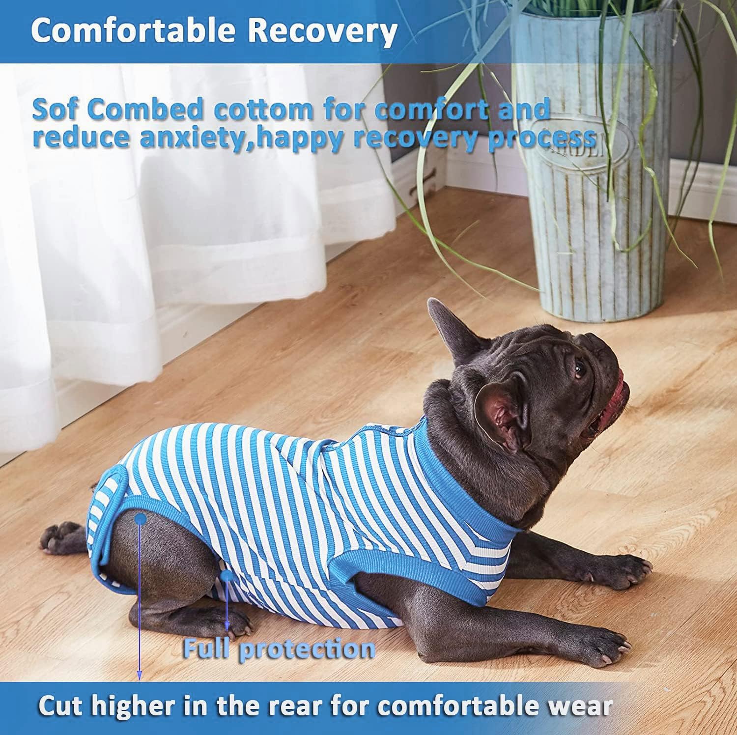 Wabdhally Dog Surgery Recovery Suit,Surgical Suit for Large Female Spay,Soft Combed Cotton,Blue Striped Zipper Onesie 3XL