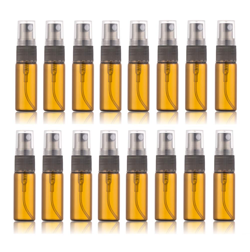 Elfenstall- 20pcs Amber 5ml 1/6oz Atomizer Vial Glass Bottle Spray Refillable Perfume Empty Fine Mist Sample Bottle Clean Cloth Free 3ML Pipette for Travel Party