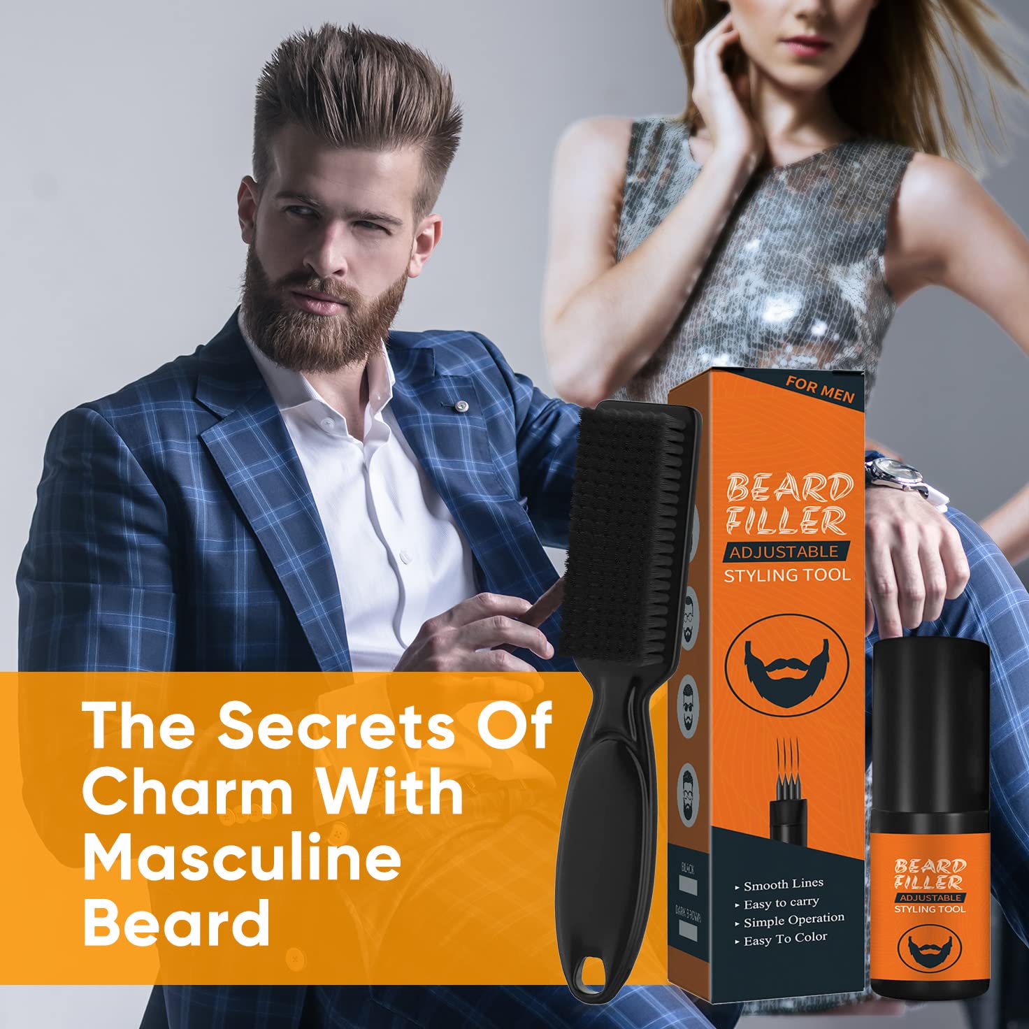 Beard Pencil Filler for Men, Innovative 4-Tip Beard Filling Pen Kit with Brush, Water & Sweat Resistant, Long Lasting, Natural Finish for A Perfect Beard (Black)