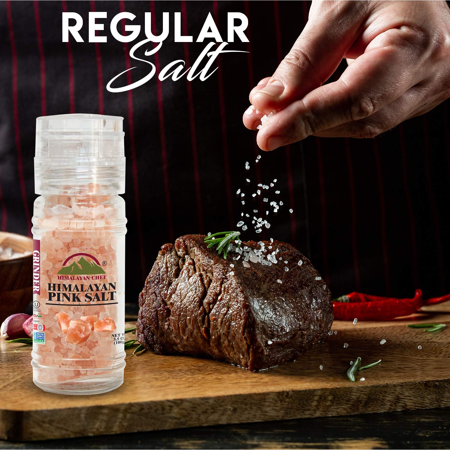 Himalayan Chef Pink Salt and Black Pepper Grinder Set – Refillable Glass Grinder, 5.3 Ounce, Non-GMO, Vegan & Kosher Certified, Perfect for Cooking and Seasoning