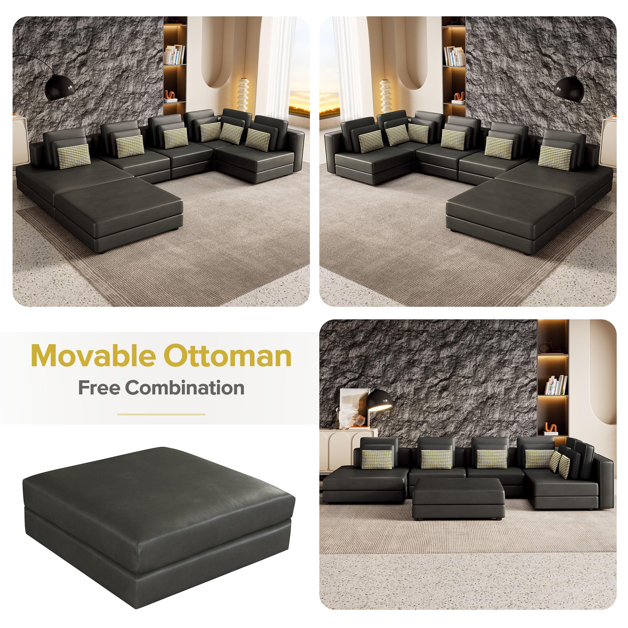 Olodumare Oversized Modular Technical Leather Sectional Sofa Couch,U Shaped Convertible Corner Couch with Reversible Chaise Lounge and Movable Ottoman, Living Room Furniture Sets,Grey