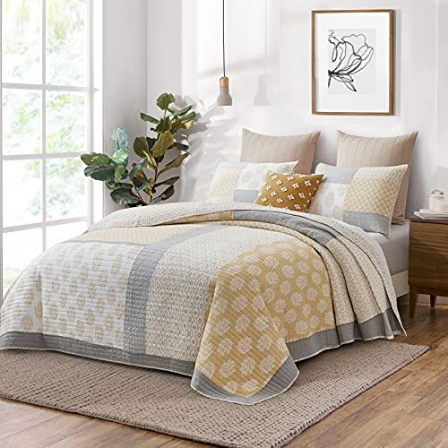 Finlonte Quilts Queen Size, 100% Cotton Lightweight Queen Quilt Set, Real-Patchwork Farmhouse Floral Quilted Bedspread, Yellow Grey White Reversible Soft Queen Quilt Bedding Set All Season, 3 Pieces