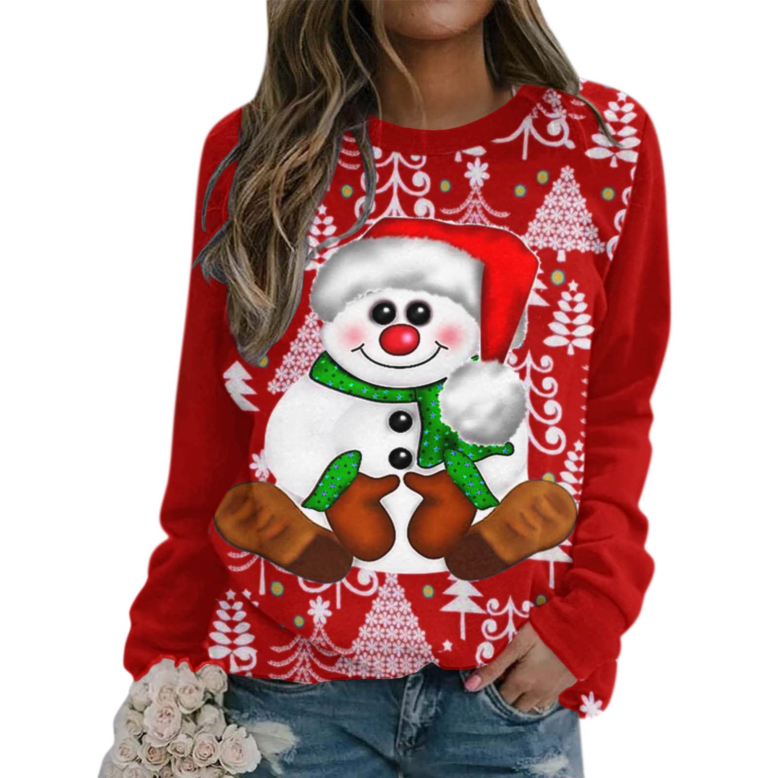 Blouses For Women Business Cute Elk Pattern Blouse Long Sleeve Sweatshirts Relaxed Fit Workout Tops Baseball T-Shirt Red