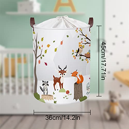 Clastyle 45L Woodland Animals Laundry Basket Collapsible Waterproof Forest Fox Storage Basket with Handle Kids Room Jungle Deer Laundry Hamper with Drawstring, 14 * 17.7 in
