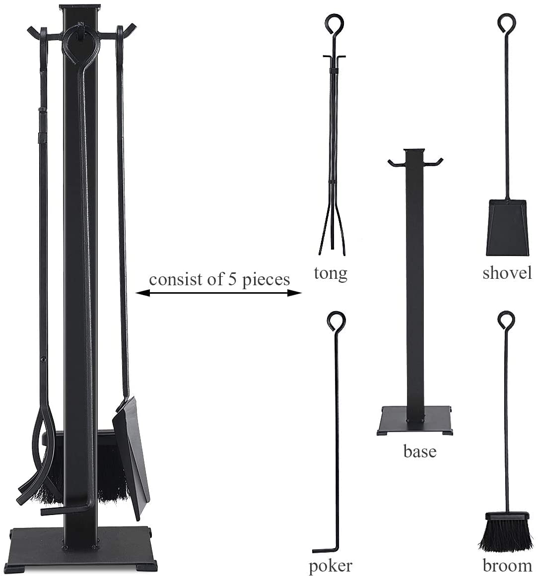 Hysache 5-Piece Fireplace Tool Set, Heavy Duty Wrought Iron Toolset w/Tong,Poker, Shovel, Brush, Indoor & Outdoor Hearth Wood Stove Firepit Accessories, Compact Fireplace Tool Set