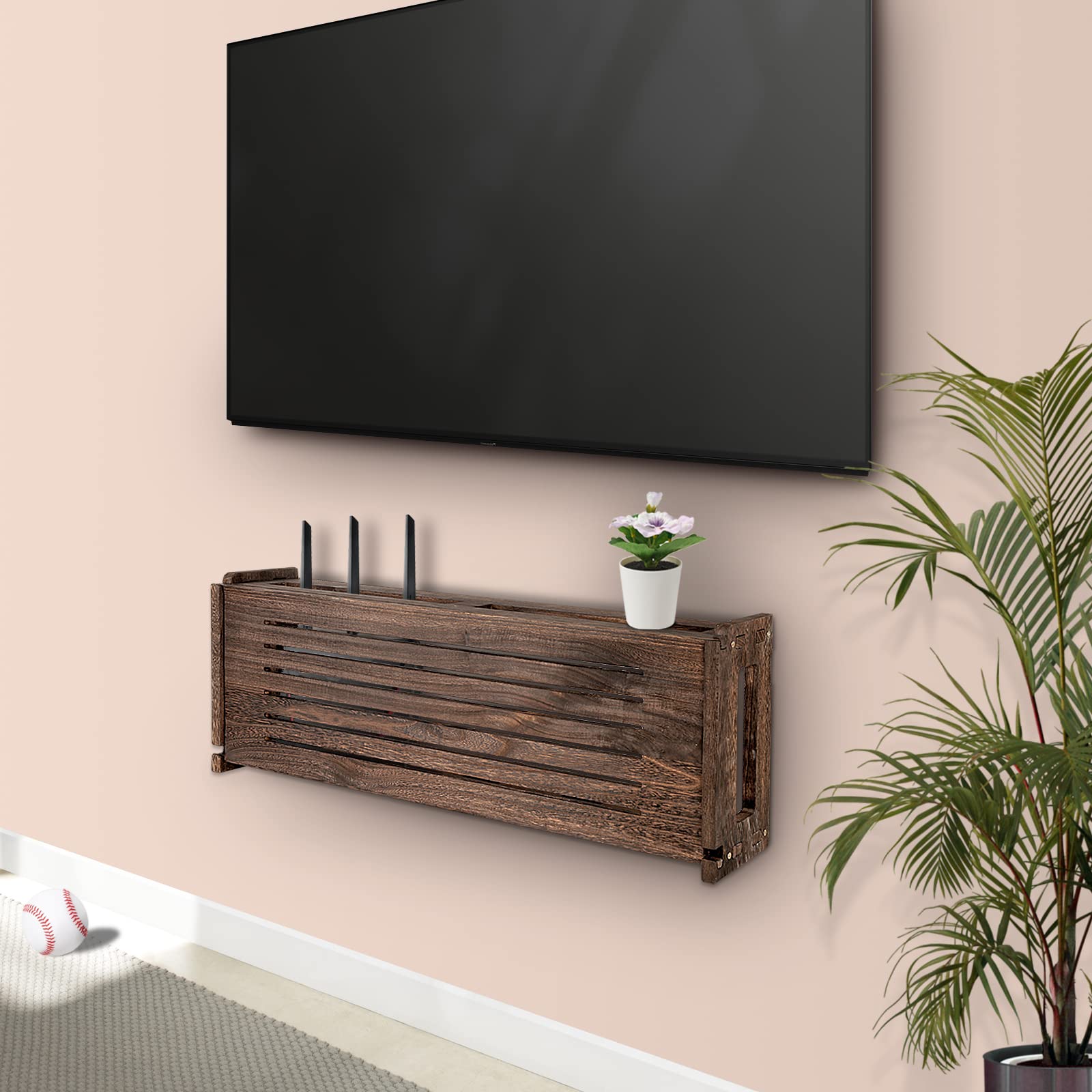 BEARUT Wooden Router Shelf Wall Mount WiFi Router Storage Box Modem Cable Router Cover Organized Power Strip Cable Management Hider Rack Need Assembly 20.9 * 9.8 * 5.4 in (L* H * D)