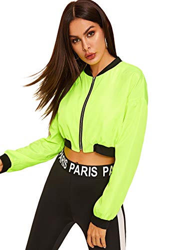 Floerns Women's Long Sleeve Lightweight Crop Bomber Jacket B Neon Green L