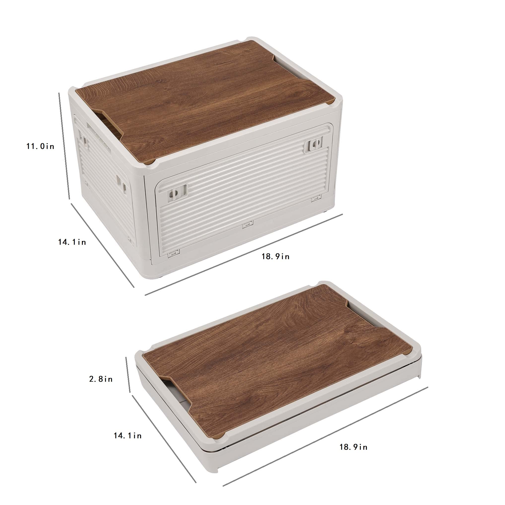 The foldable outdoor camping storage box has a large capacity of 48L, the foldable storage box equipped with a wooden cover and rollers can be used for indoor,car trunk and camping.