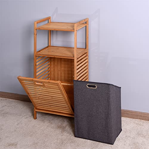 Floor Stand Bamboo Laundry Hamper Cabinet Organizer, Bathroom Storage Shelf Cabinet with Tilt Out Laundry Basket Dirty Clothes Bag for Laundry Room Bathroom Bedroom Closet