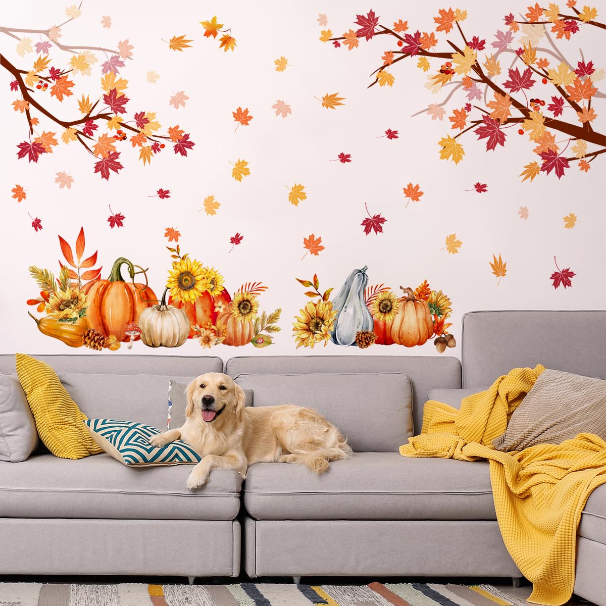 Autumn Fall Leaves Wall Decal Maple Tree Wall Decal DIY Branch Wall Stickers Removable Yellow Leaf Wall Decal for Autumn Holidays Home Classroom Birthday Thanksgiving Harvest Party Decoration