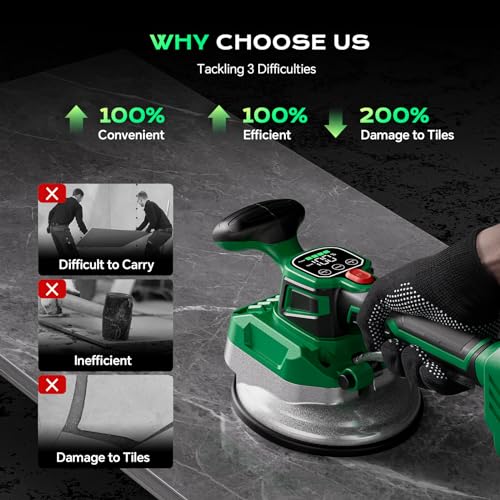 TomTask Tile Vibration Tool w/145mm Suction Cup & 150kg Adsorption, Handheld Tile Installation Leveling Machine Max.18000r/Min, Tile Suction Cup Vibrating Tool w/10 Level, LCD Display & 2xBattery