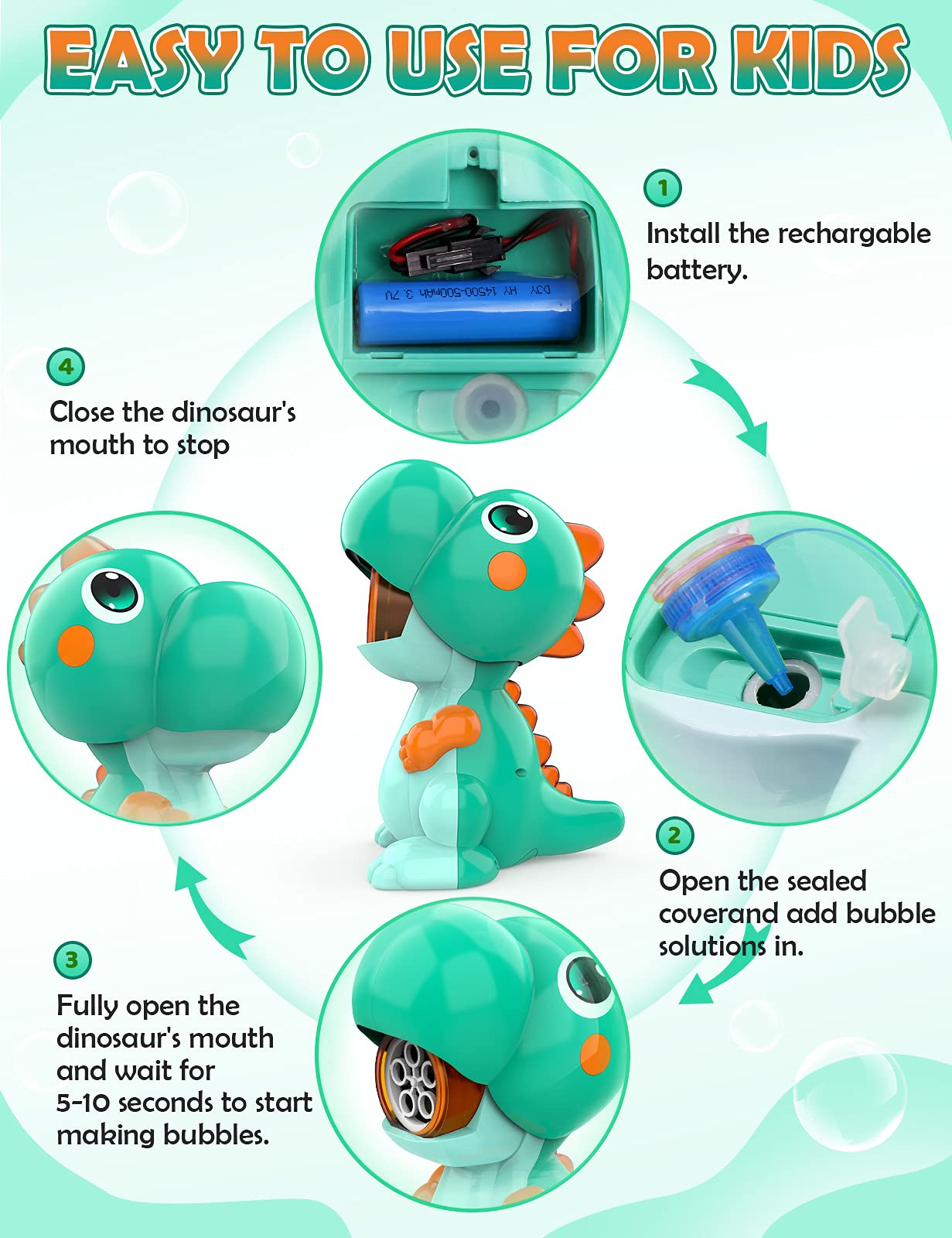 EduCuties Bubble Machine for Kids, Dinosaur Toys Automatic Bubble Blower Maker with Solutions for Toddlers Ages 4-8 Outdoor Toy for 3 4 5 6 Year Old Boys Girls Birthday Gift Present- Green