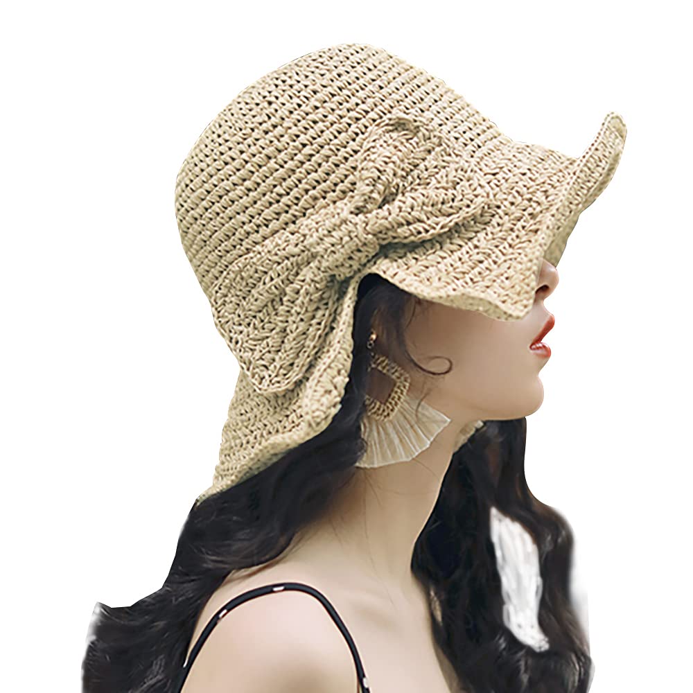 Foldable Wide Brim Floppy Straw Beach Sun Hat,Summer Cap with Bowknot for Women Girls,Strap Adjustable (2 Pack Beige & Khaki)