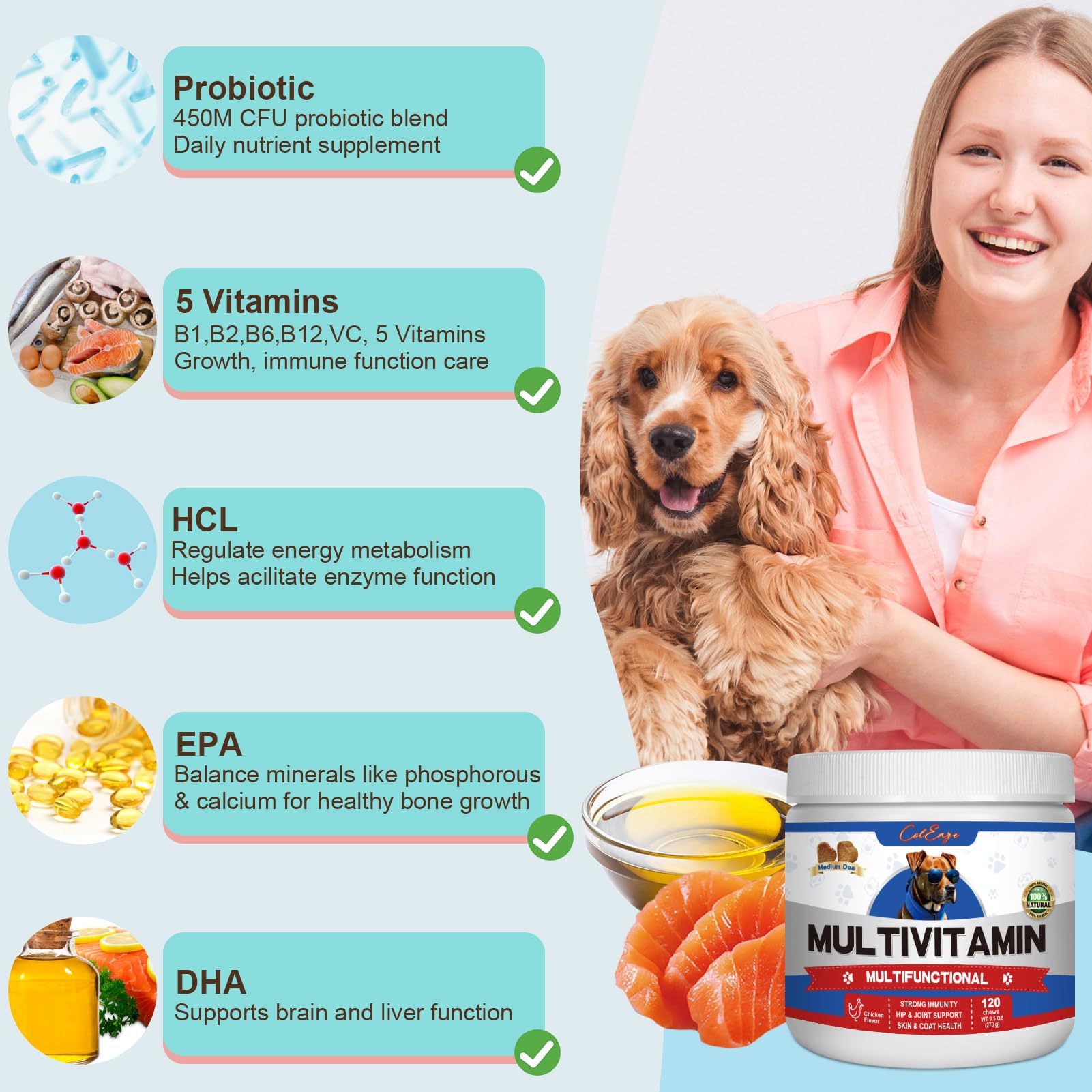 ColEaze Dog Multivitamin Supplement, 5 Essential Vitamins Treats for Dogs, Glucosamine for Joint Support (Chicken Flavor 120 ct)