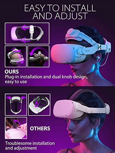 DESTEK QH1 Face Pressure-Free Head Strap, Compatible with Meta/Oculus Quest 2 | Includes Retractable Headphones, VR Accessories for Comfort Play